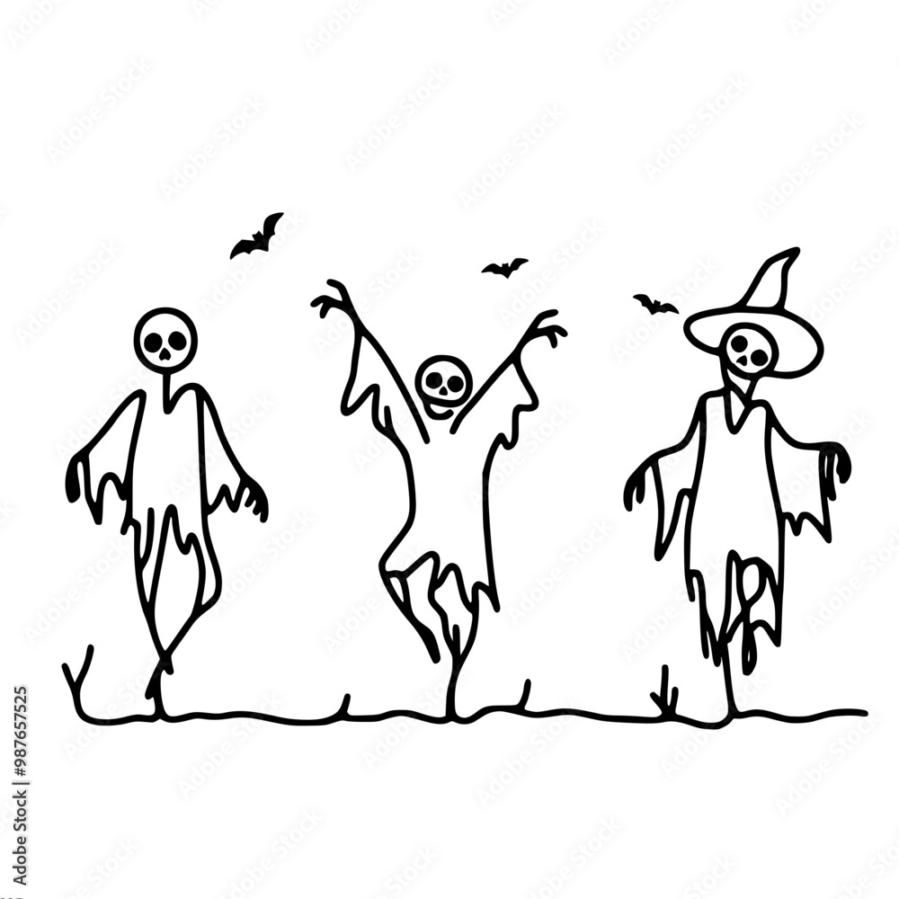 Single line vector drawing of three dancing zombies in different poses ...