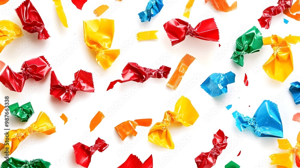 Vibrant Torn Candy Wrappers Scattering on a White Background in a Flat ...