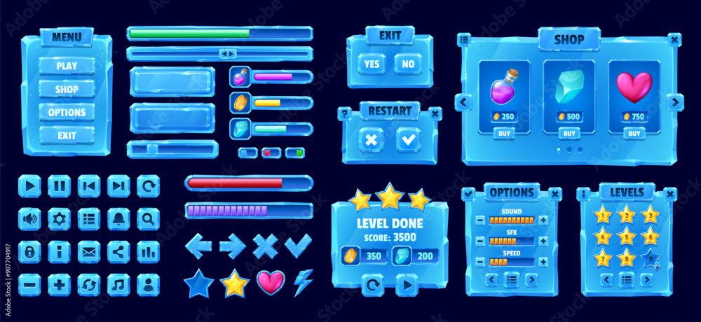 Ice crystal game interface and buttons, game ui asset. Cartoon vector gui elements, including ...