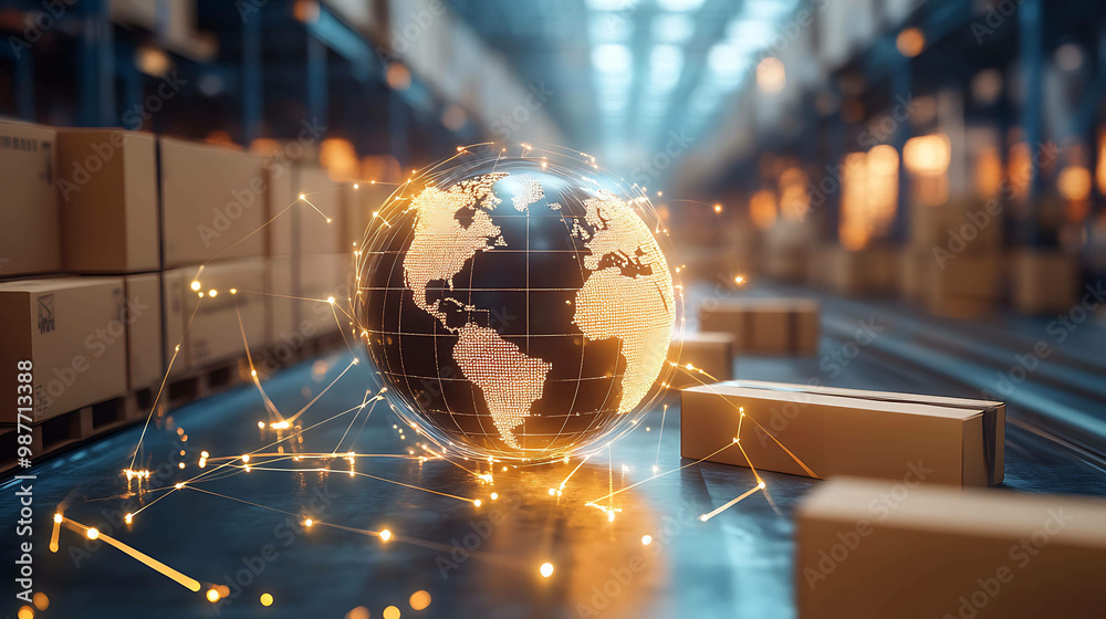 A glowing globe surrounded by a network of lines, with cardboard boxes ...