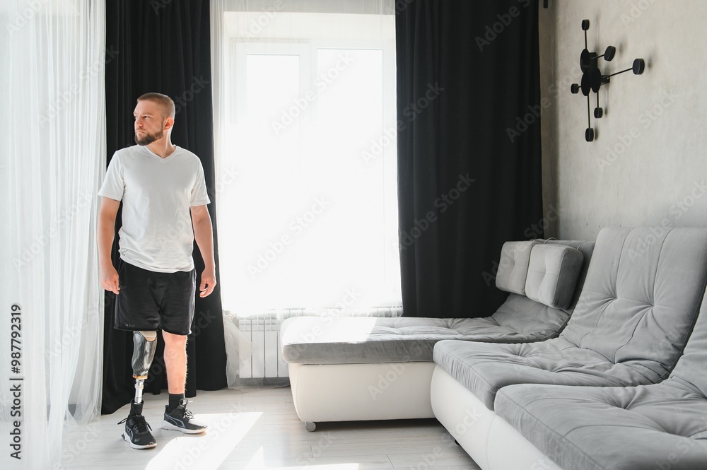 Man amputee with prosthetic leg disability on above knee transfemoral ...
