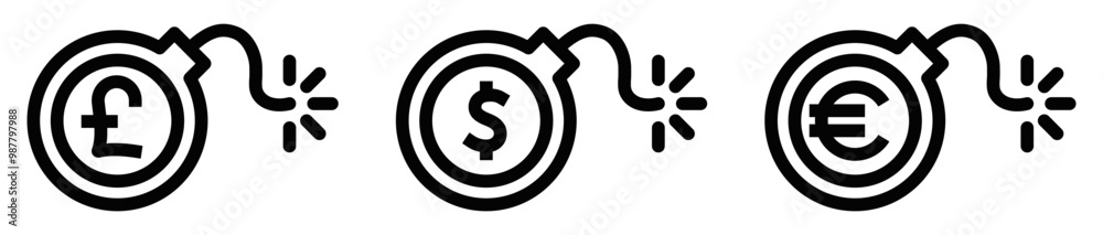 Vector illustration of currency bomb icons with pound, dollar, and euro ...