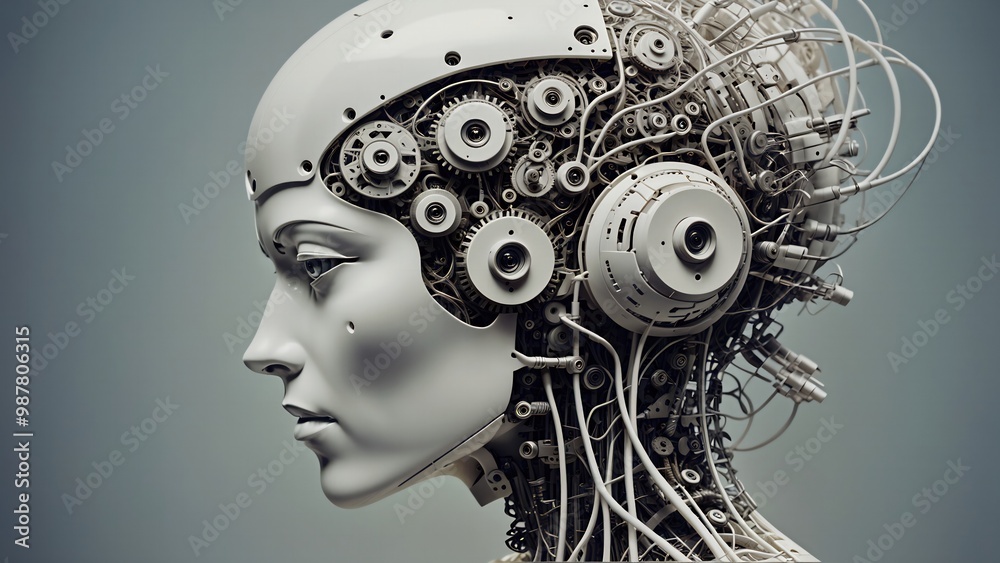 Inteligencia artificial. Humanoide de perfil, con engranes y cables ...