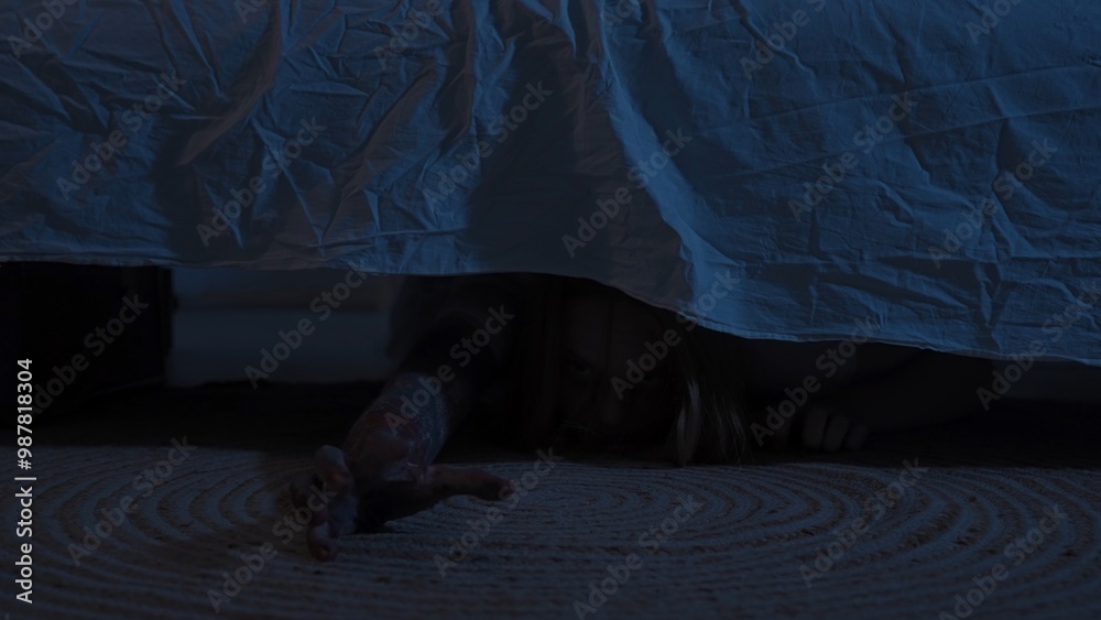 Scary ghost or monster hiding under bed in dark bedroom at night. Scary ...