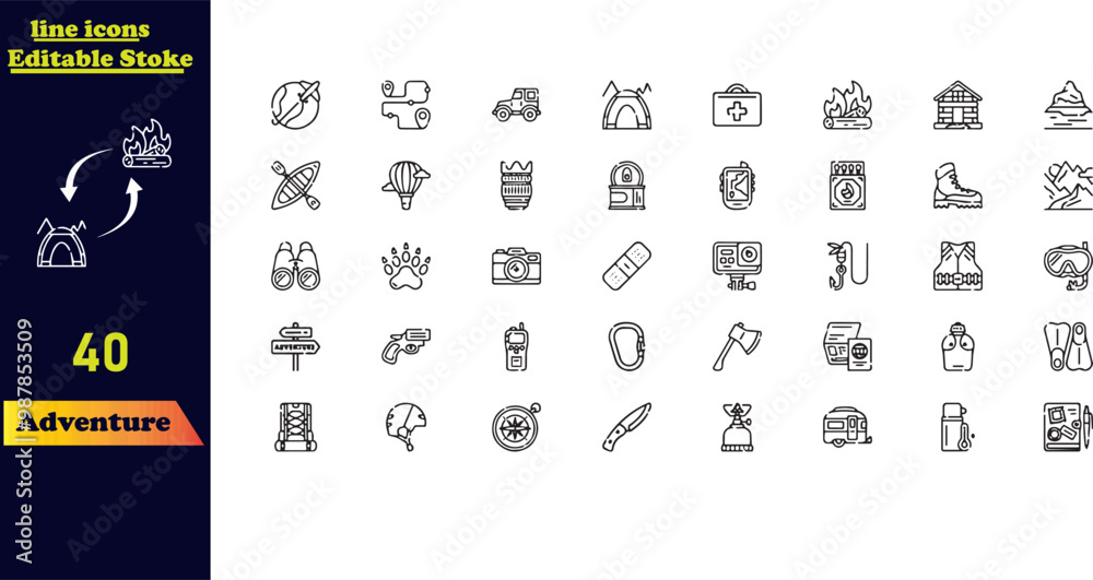 Adventure outline icon set featuring icons for hiking, campfires ...