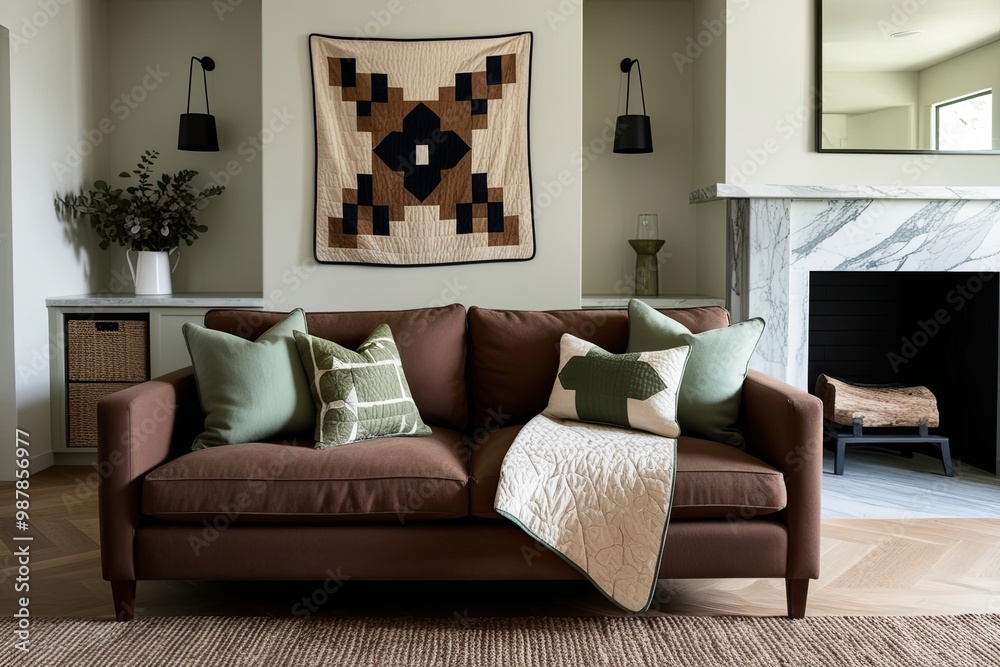 Rustic Brown Sofa with Sage Green Cushions and Artisan Quilts in ...