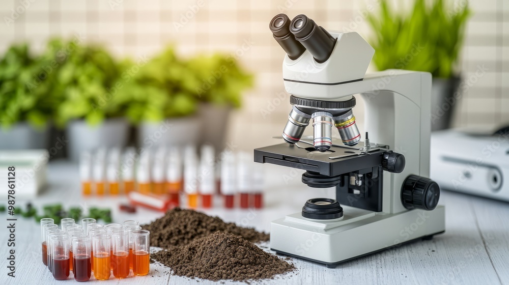 Soil analysis lab with test tubes, microscope, and soil samples spread ...