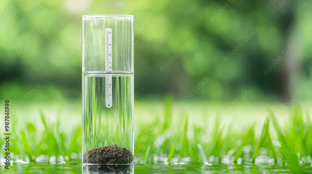 Soil hydrometer floating in a transparent cylinder of wet soil, precise ...