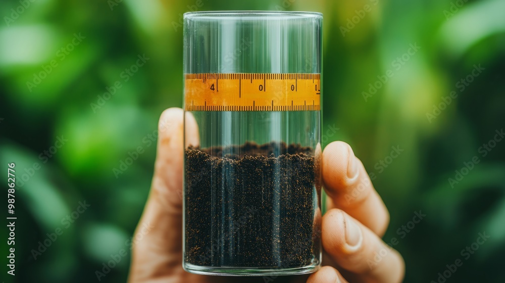 Soil hydrometer floating in a transparent cylinder of wet soil, precise ...