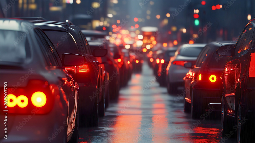 Busy city street filled with cars during a rainy evening rush hour ...