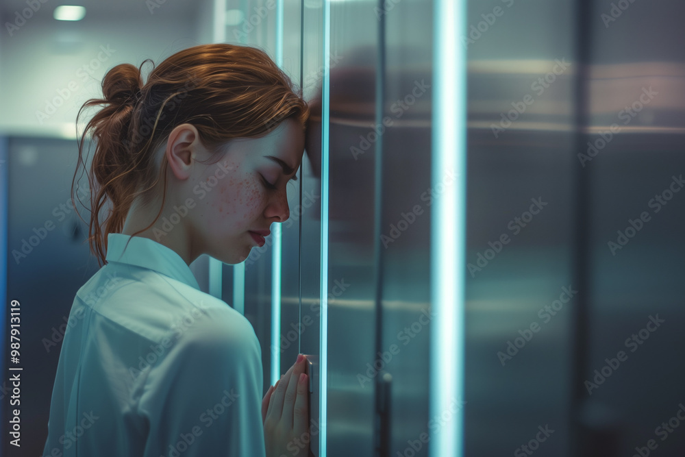 Overwhelmed professional woman crying in bathroom stall at work ...