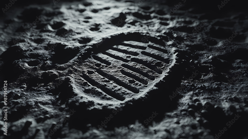 Footprint on the moon, close-up, detailed illustration capturing the ...