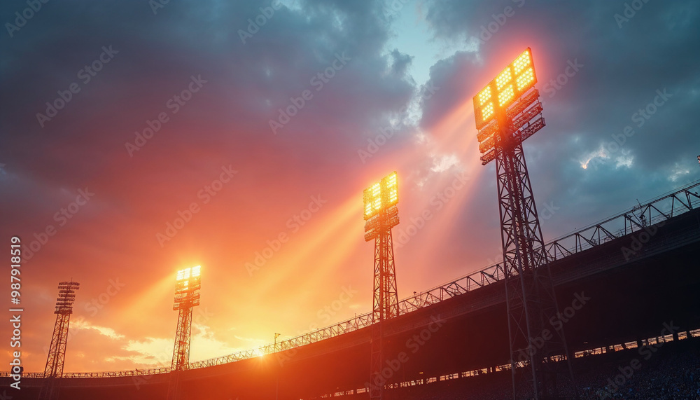 Panoramic stadium view with a beautiful baseball field at sunset and ...