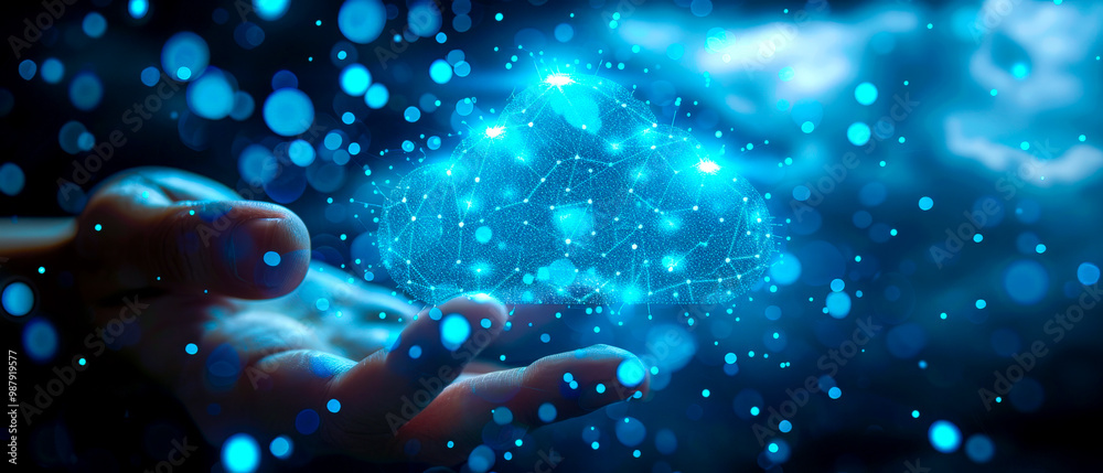 human hand touch the button to start Cloud computing for server and ...