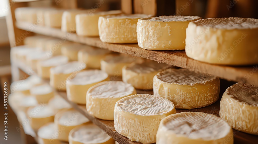 Wheels of artisan cheese aging on wooden shelves in traditional dairy ...