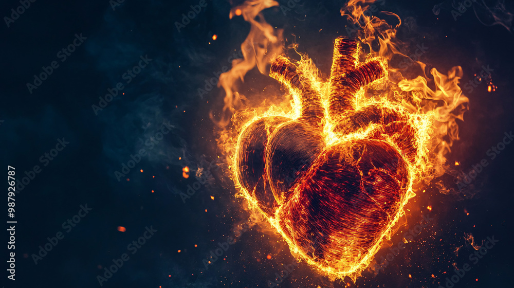 Heart. Human heart as a phoenix rising from flames. Dark backdrop ...