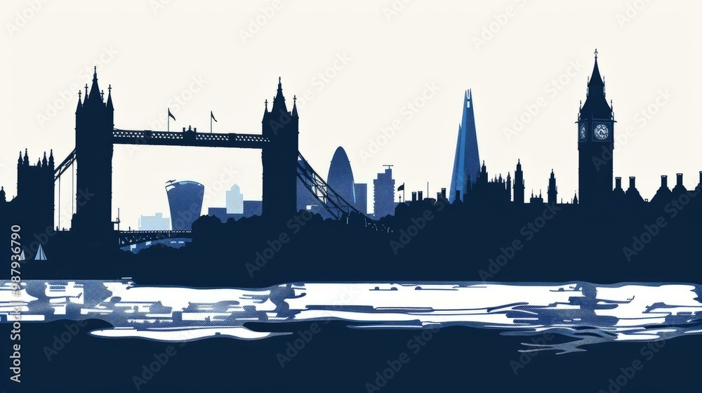 Silhouette of London skyline featuring iconic landmarks with the River ...