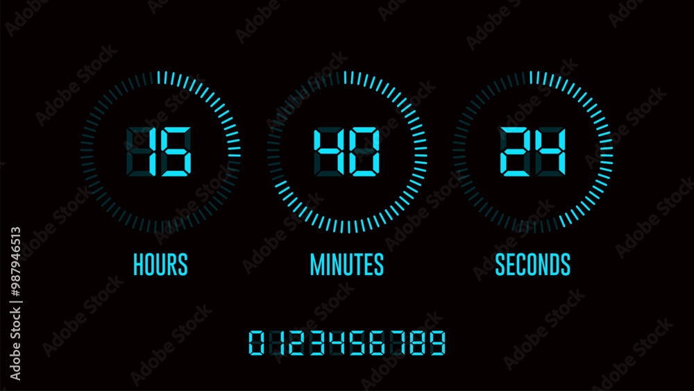 Countdown timer digital clock. Neon clock counter. Hours, minutes and ...