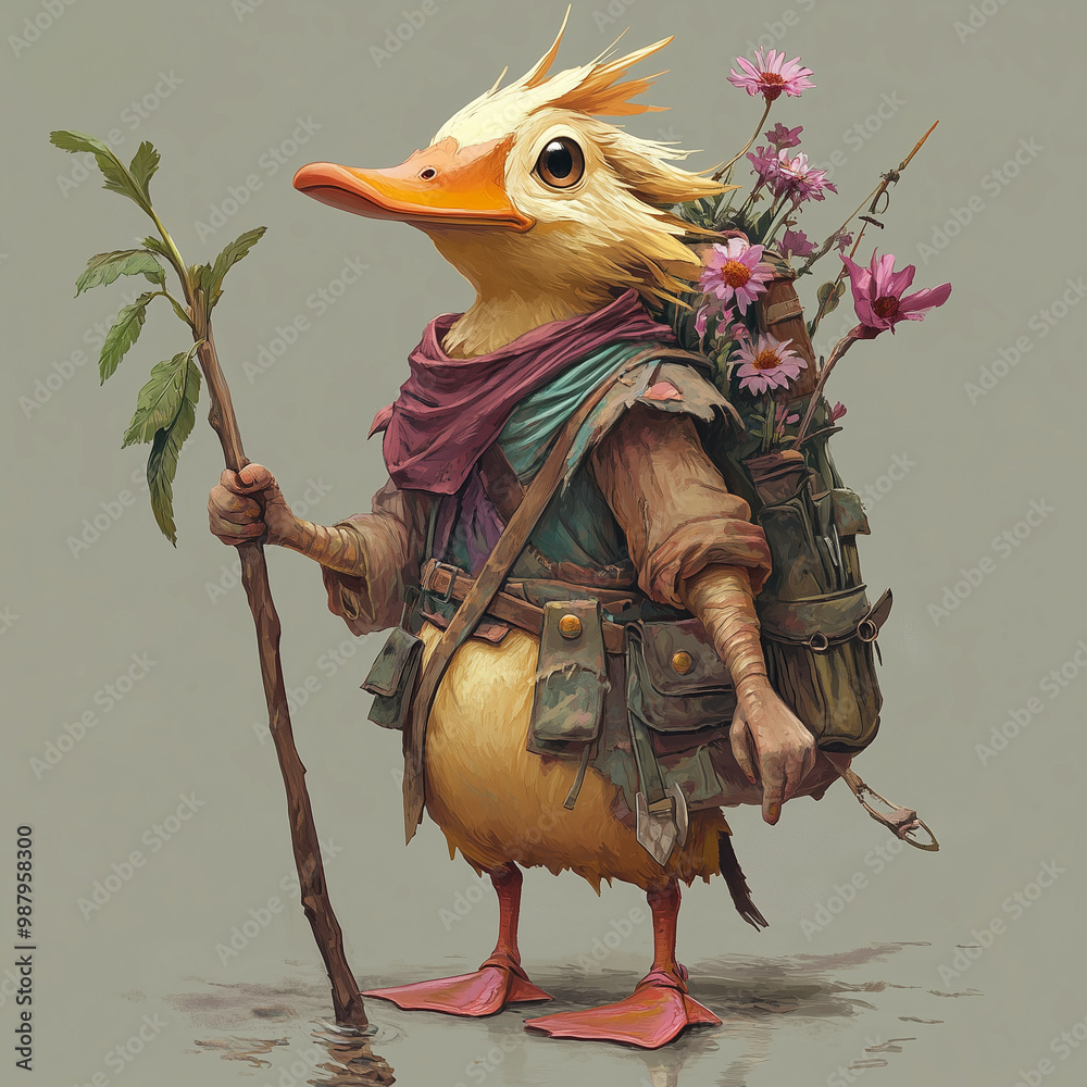 travelling merchant duck character, oversized backpack with flowers ...