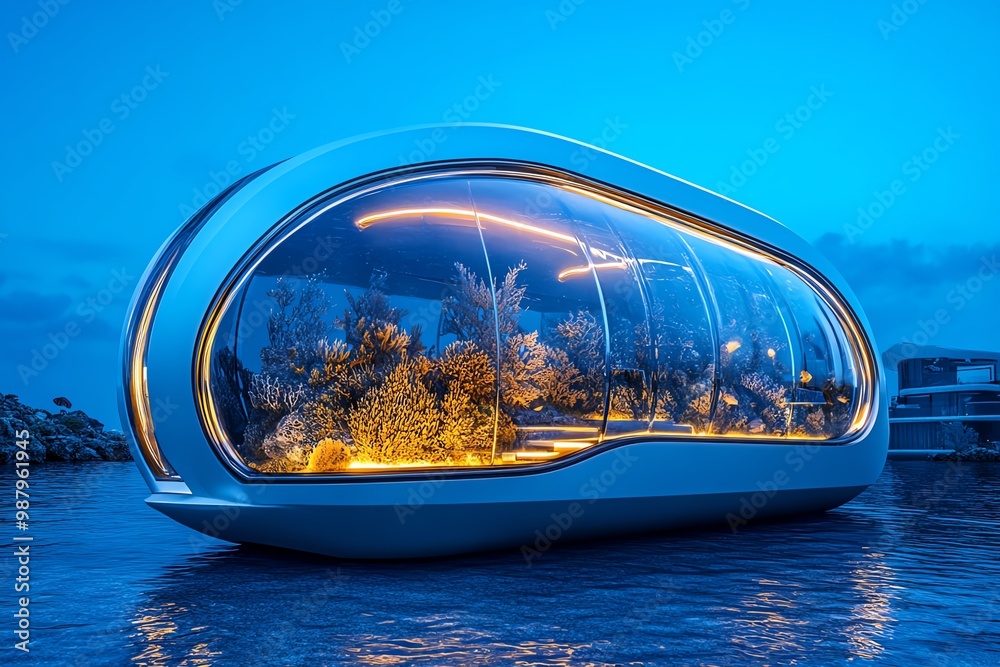Futuristic underwater observatory, built on the ocean floor, with ...