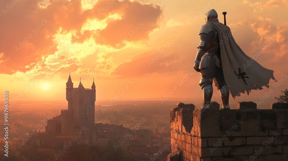 Knight in Armor on Castle Battlement, a valiant figure stands tall ...
