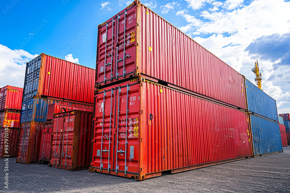 Cargo containers stacked in shipping yard, showcasing vibrant red and ...