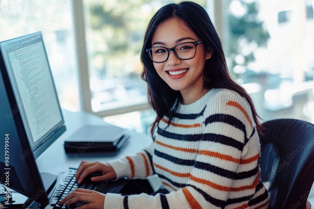 Smiling Filipino woman in glasses sitting at her desk, typing on a ...