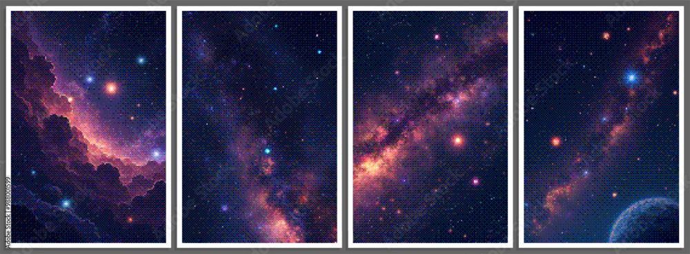 Set of pixelated posters with futuristic deep space scene in pixel art ...