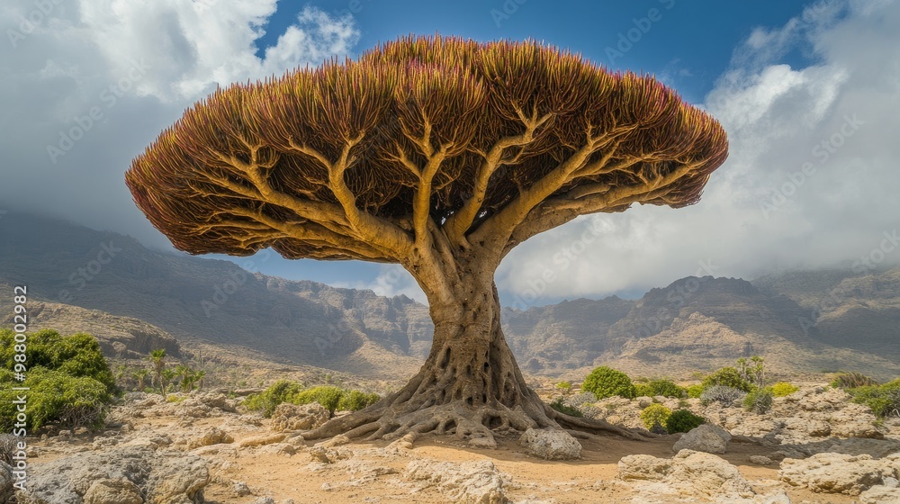 A mystical dragon blood tree on the island of Socotra, its unique ...