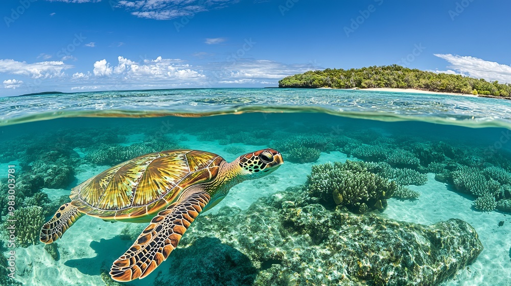 Swimming across the pristine lagoon of Lady Elliot Island on the Great ...