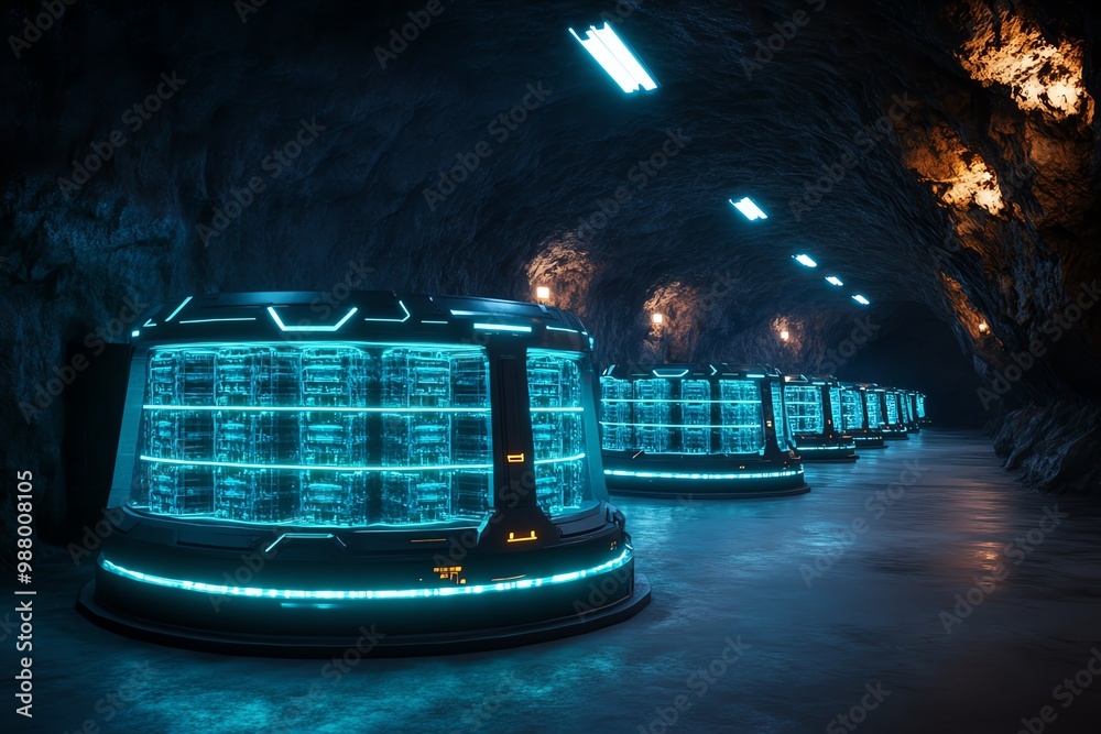 Sci-fi underground storage facility, with glowing force fields ...