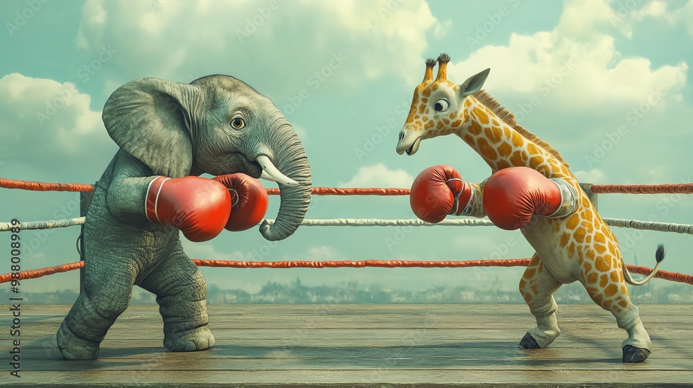 Pastel-themed boxing ring featuring an elephant and a giraffe in boxing ...