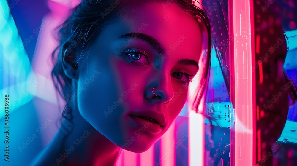 Portraits of people with neon lighting effects, dramatic shadows and ...