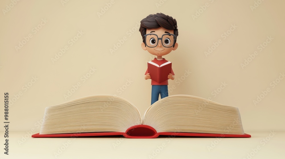 render man cartoon character standing in front of big open book blank ...