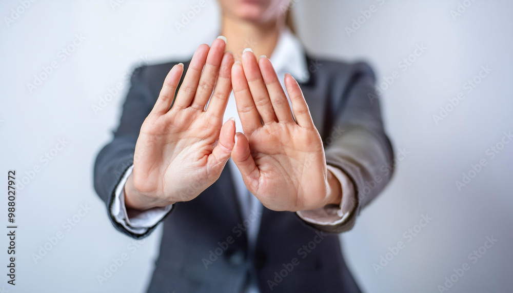 Stop, hand sign and woman in business suit with no gesture for sexual ...