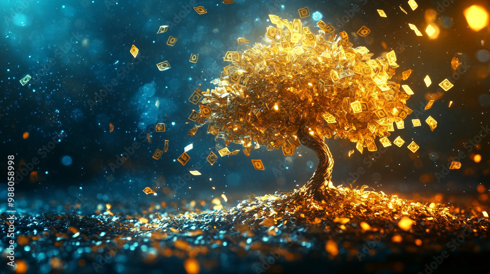 golden money tree with shimmering leaves symbolizes wealth, prosperity ...