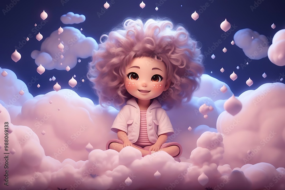 A whimsical character with curly hair sits on clouds, surrounded by ...