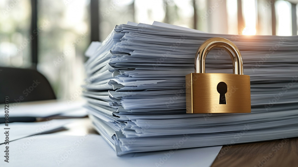 stack of documents secured by a golden padlock symbolizes data security ...