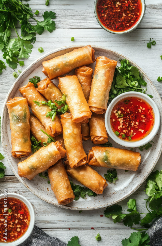 A Platter of Filipino Lumpia Spring Rolls Surrounded by Dipping Sauces ...