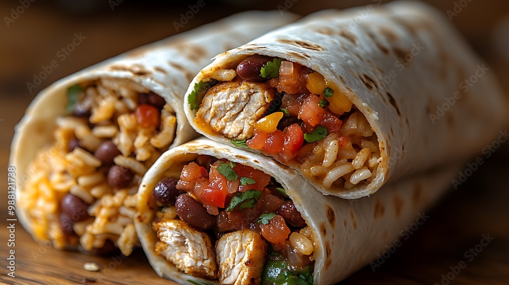 Cross-section of a stuffed burrito, showcasing layers of spicy chicken ...