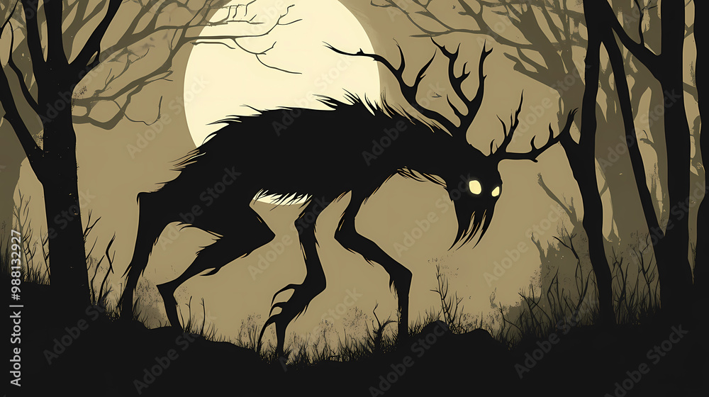 Vector illustration of silhouettes wendigo exploring the forest ...