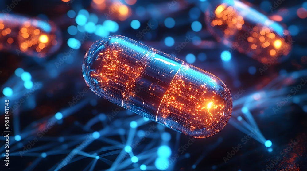 Floating medical capsules illuminated in vibrant blue and orange, with ...