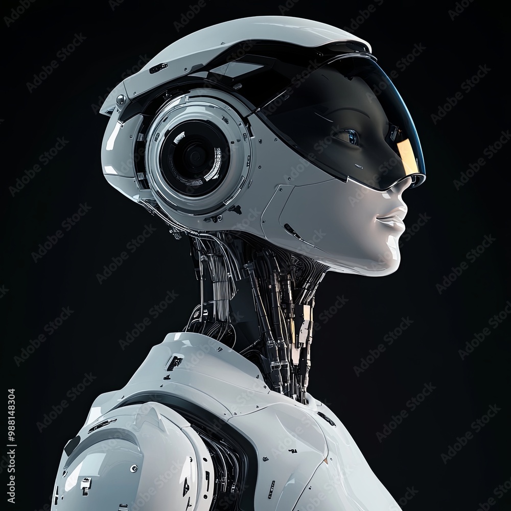 Portrait of Futuristic Humanoid Robot with Glass Visor on Dark ...