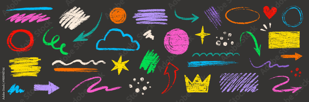 Crayon pencil color brush hand drawn chalk vector element set. Scribble ...