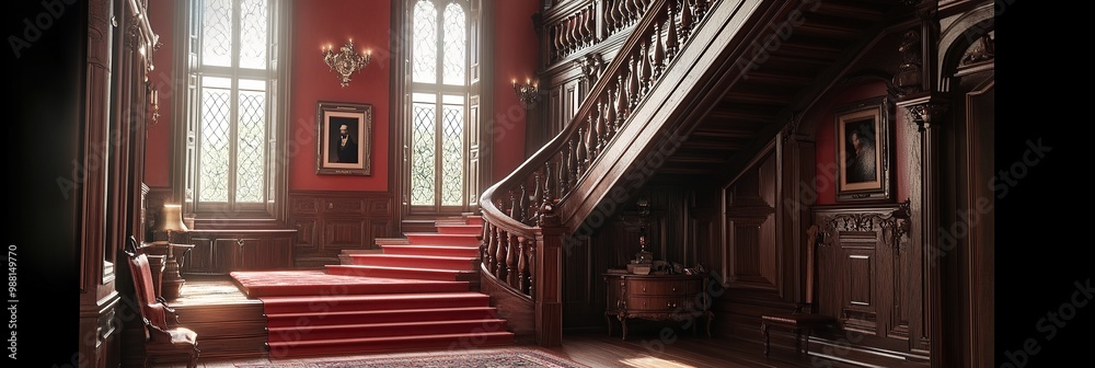 interior of an old mansion, a grand staircase with carved wooden ...