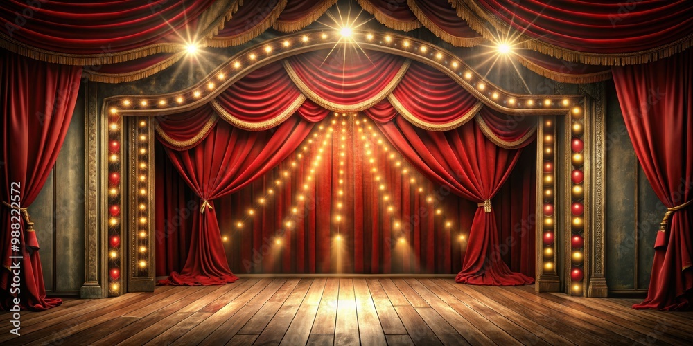 Vintage magic theater circus stage with red curtains and a show ...