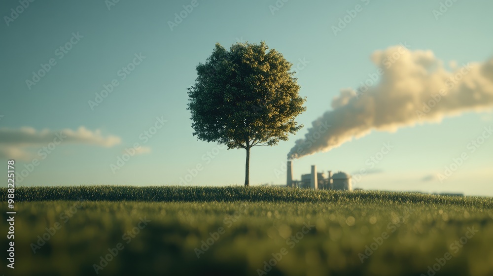 A single tree in focus, with a distant factory releasing smoke ...