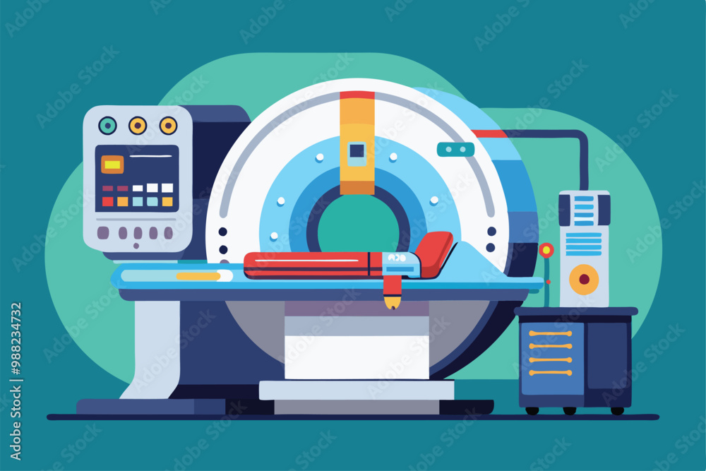 A semi-flat illustration displays a CT scan machine with a patient ...