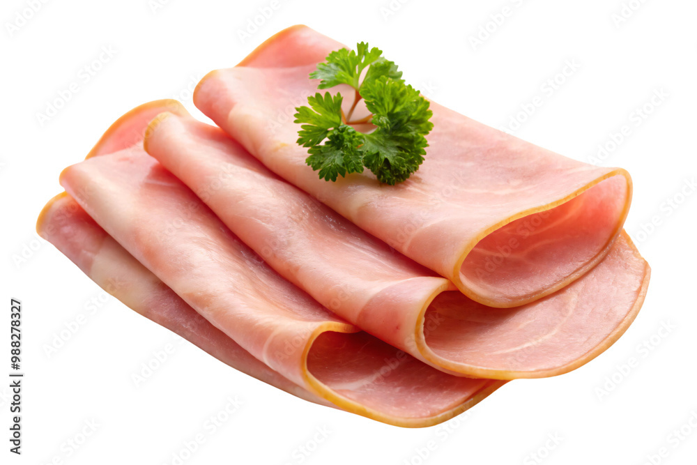 Folded slices of ham arranged in layers with a parsley garnish ...