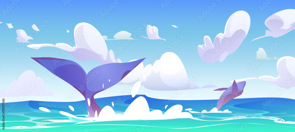 Whales diving and splashing in water. Vector cartoon illustration of ...